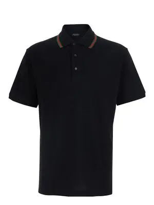 Gucci Polo Shirt With Web Collar And Short Sleeves In Cotton For - Black