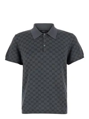 Gucci Gray Polo. Shirt With Classic Collar And All-over Gg Logo In Wool And Silk For - Multicolor