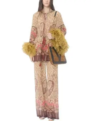 Valentino Garavani Paisley Print Feather-trim Silk Blouse - Cream