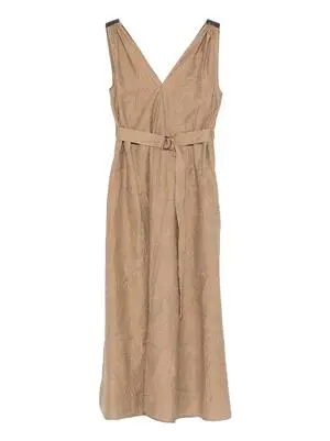 Brunello Cucinelli Sleeveless V-neck Belted Dress - Brown