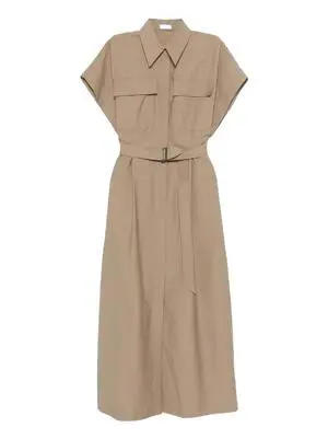 Brunello Cucinelli Belted Pointed Collar Midi Day Dress - Cream