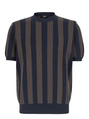 Fendi Blue Crew Neck T-shirt With All-over Striped Motif In Cotton And Silk For - Multicolor