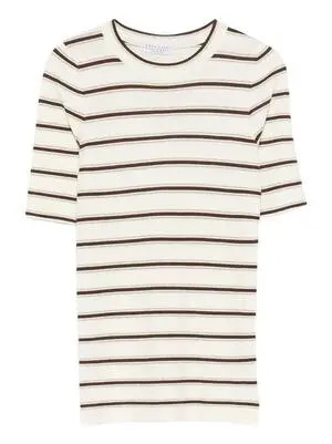 Brunello Cucinelli Striped Round Neck Short Sleeves Knit Top - Cream