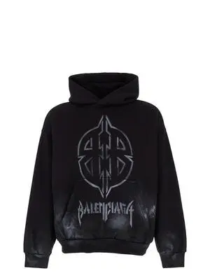 Balenciaga Black Hoodie With Metal Bb Stencil Motif In Dirty Effect Cotton - Multicolor