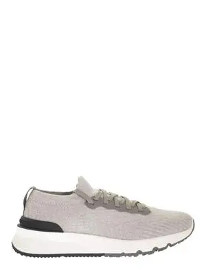 Brunello Cucinelli Cotton Knit And Semi-glossy Calf Leather Sneakers - Multicolor