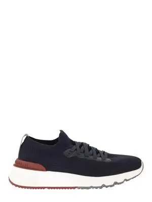 Brunello Cucinelli Cotton Knit And Semi-glossy Calf Leather Runners - Blue