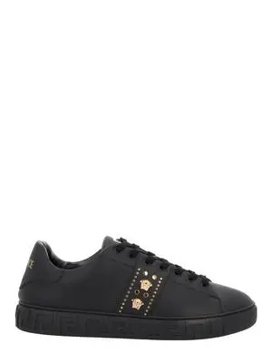 Versace Calf Leather Lace Up Sneakers - Black