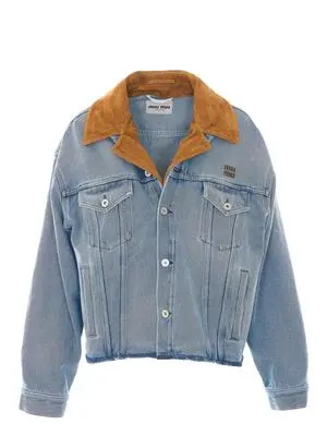 Miu Miu Washed Denim And Suede Logo Denim Jacket - Blue
