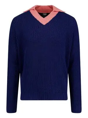 Fendi Cotton Sweater With Contrasting Collar - Blue