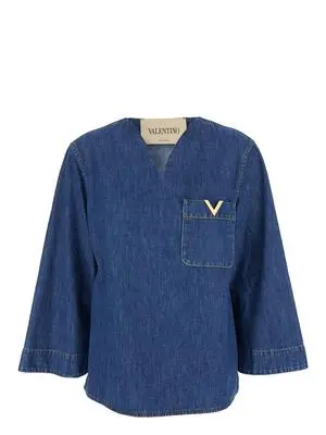 Valentino Garavani V-neck Blouse With Vlogo Plaque On The Front In Blue Cotton For - Multicolor
