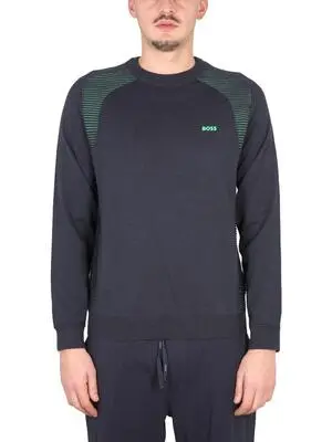 BOSS Crew Neck Striped Logo Sweater - Blue