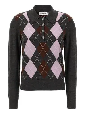 SELF-PORTRAIT SELF-PORTRAIT Argyle Lightweight Wool Sweater Gray