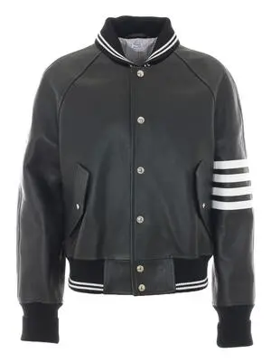 Thom Browne Oversized Leather Bomber With 4-bar - Black