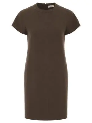 Brunello Cucinelli Viscose And Linen Fluid Twill T-shirt Dress With Shiny Trim - Brown