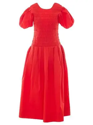 GANNI Smocked Cotton Dress - Red