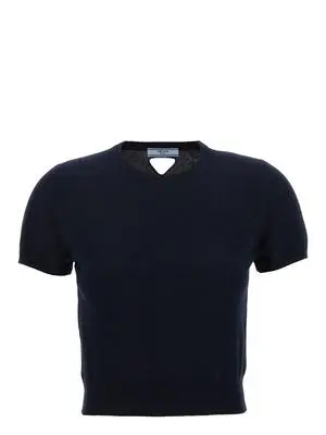Prada Cashmere Cut-out Logo Sweater - Blue