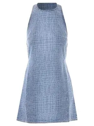 SELF-PORTRAIT Rhinestone Croc Effect Denim Mini Dress - Blue
