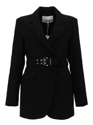 GANNI Crepe Belted Blazer - Black