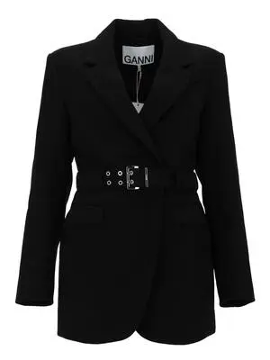 GANNI Crepe Belted Blazer - Black
