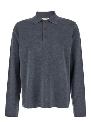 Valentino Garavani Grey Polo Shirt With Classic Collar And Long Sleeves In Wool - Multicolor