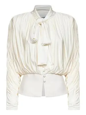 SELF-PORTRAIT Jersey Gathered Tie Neck Top - Multicolor