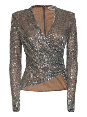 SELF-PORTRAIT Rhinestone Mesh Wrap Top - Multicolor