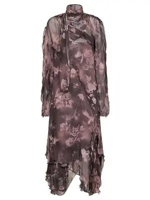 DIESEL® Brown Chiffon And Crêpe D-riadi Asymmetric Midi Dress - Multicolor