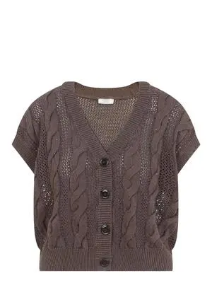 Peserico Cotton Cable-knit V-neck Top - Brown