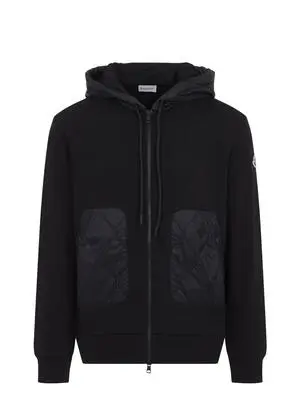Moncler Quilted Panel Zip Up Hooded Sweatshirt - Black