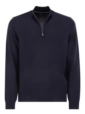 BOSS Virgin Wool Zip Collar Jumper - Blue