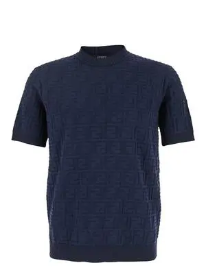 Fendi Blue T-shirt With All-over Ff Logo Embroidery In Cotton For - Multicolor