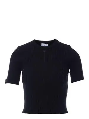 COURREGES Logo Buckle Rib Knit T-shirt - Black