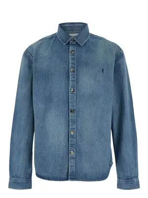Saint Laurent Saint Laurent Men Shirt With Classic Collar And Cassandre Embroidery On The Front In Light Blue Denim For Men Multicolor