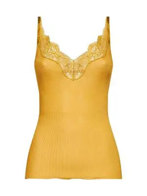 Saint Laurent Yellow Ribbed Silk Jersey Laced Tank Top - Multicolor