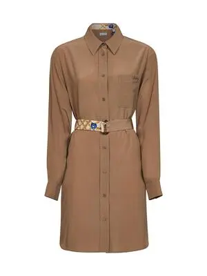 Burberry Camel Silk Belted Shirt Dress - Multicolor
