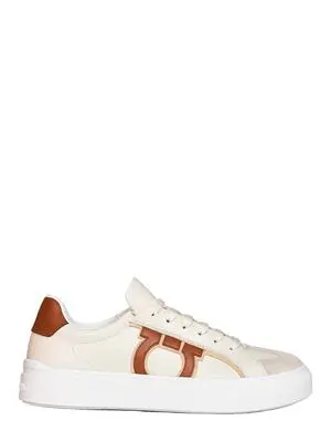 FERRAGAMO Sand And Mascarpone Cream Calf Leather Gancini Sneakers - Multicolor