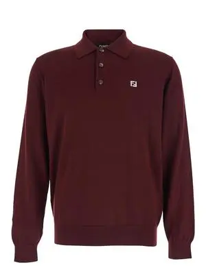 Fendi Fendi Men Bordeaux Long Sleeve Polo With Classic Collar And Ff Plate On The Front In Wool For Men Multicolor