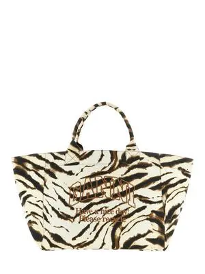 GANNI GANNI Zebra Print Cotton Canvas Shopper Tote Bag Cream