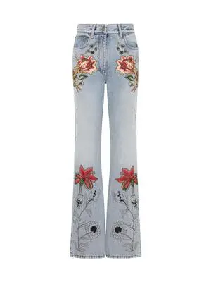 Valentino Garavani Denim 5 Pockets Embroidered Flowers Jeans - Blue