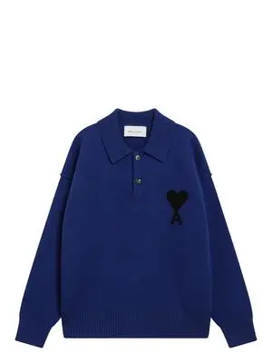 AMI Paris Electric De Coeur Polo Sweater In Wool - Blue