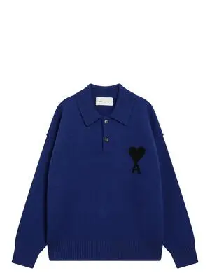 AMI Paris Electric De Coeur Polo Sweater In Wool - Blue