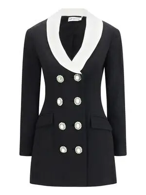 SELF-PORTRAIT Long Double-breasted Blazer With Contrast Neckline - Black