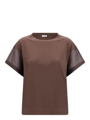 Brunello Cucinelli Cotton T-shirt With Sheer Sleeves And Side Panels - Brown