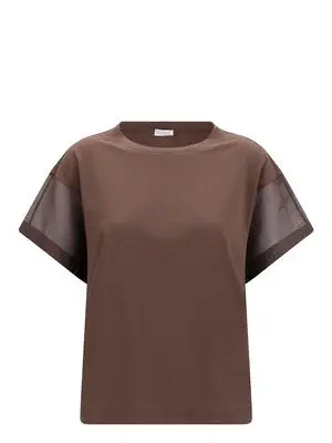 Brunello Cucinelli Cotton T-shirt With Sheer Sleeves - Brown