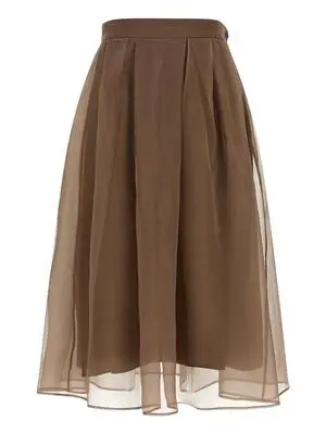 Brunello Cucinelli Silk Midi Skirt - Brown