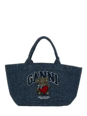 GANNI Trapeze Medium' Blue Shopper With Logo Lettering And Print On The Front In Cotton - Multicolor