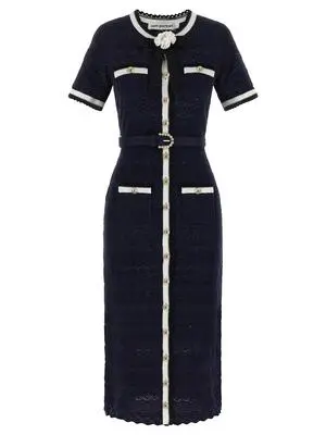 SELF-PORTRAIT Pointelle Knit Midi Dress - Blue