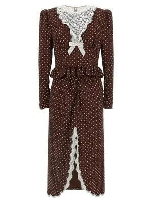 Alessandra Rich Polka Dot Silk Midi Dress - Brown