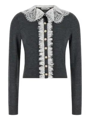 SELF-PORTRAIT Lace Collar Knit Cardigan - Gray