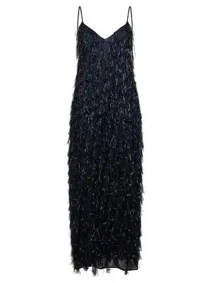 Stella McCartney Navy Blue Viscose Blend Lurex Fringes-embellished Long Dress - Multicolor